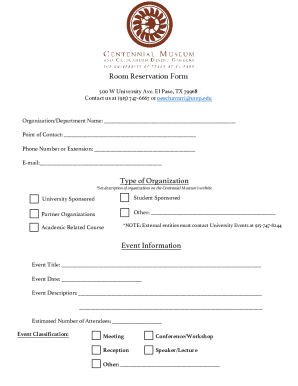 Fillable Online Room Reservation Form Type of Organization Event ...