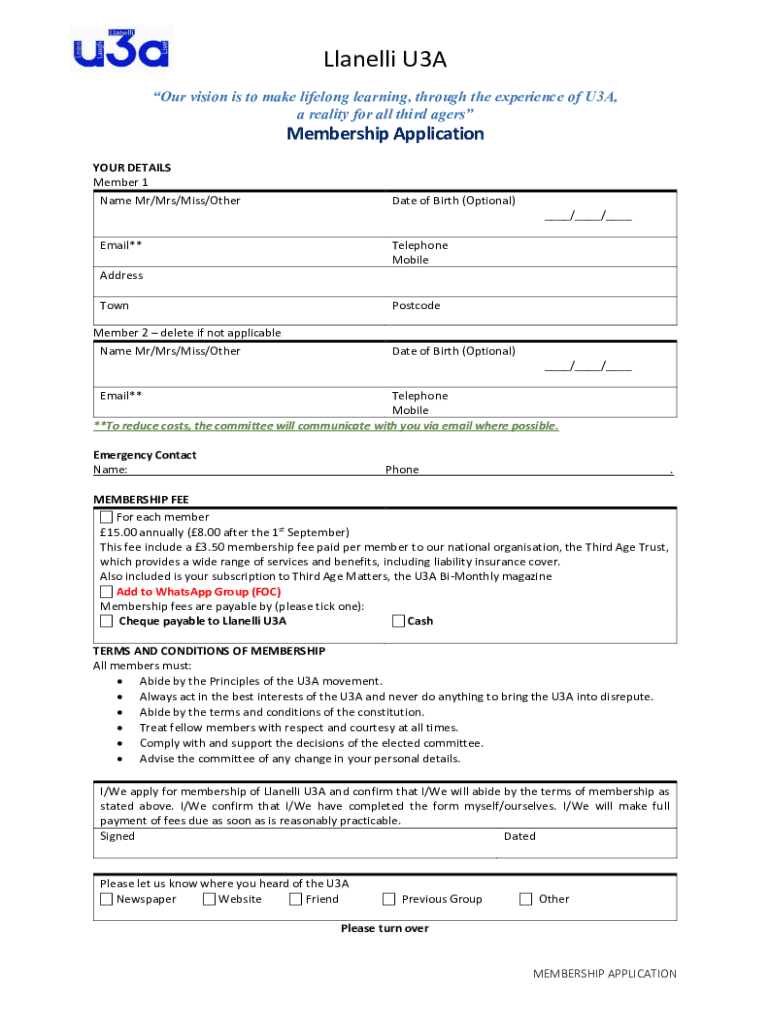 Fillable Online University of the Third Age (U3A) - College of Arts and ...