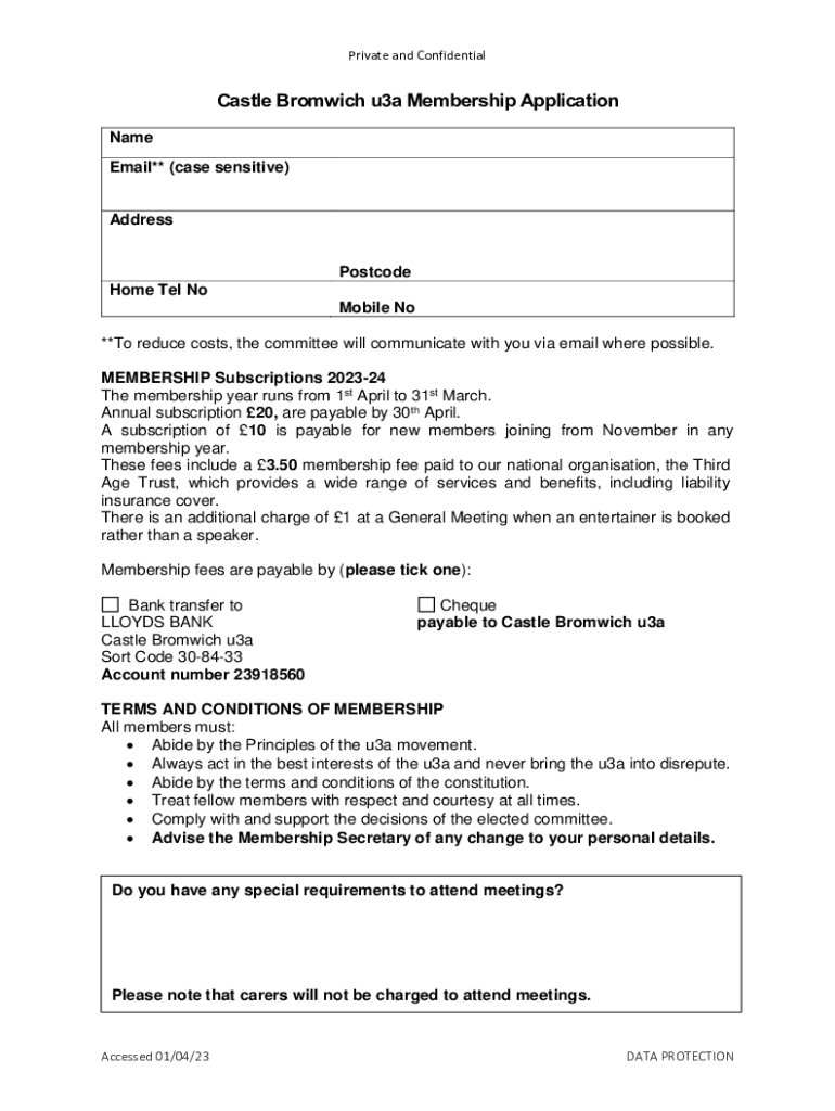 Fillable Online Castle Bromwich u3a Membership Application Fax Email ...