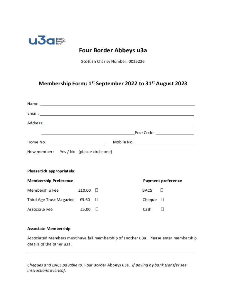 Fillable Online Membership Form - Four Border Abbeys u3a Fax Email ...