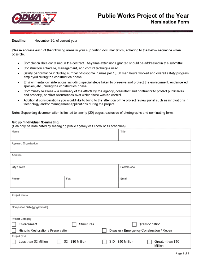 Fillable Online Public Works Project of the Year Awards Nomination Form ...