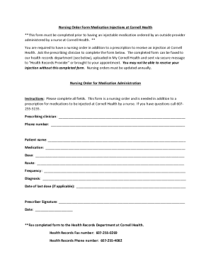 Fillable Online health cornell Nursing Order Form for Medication ...