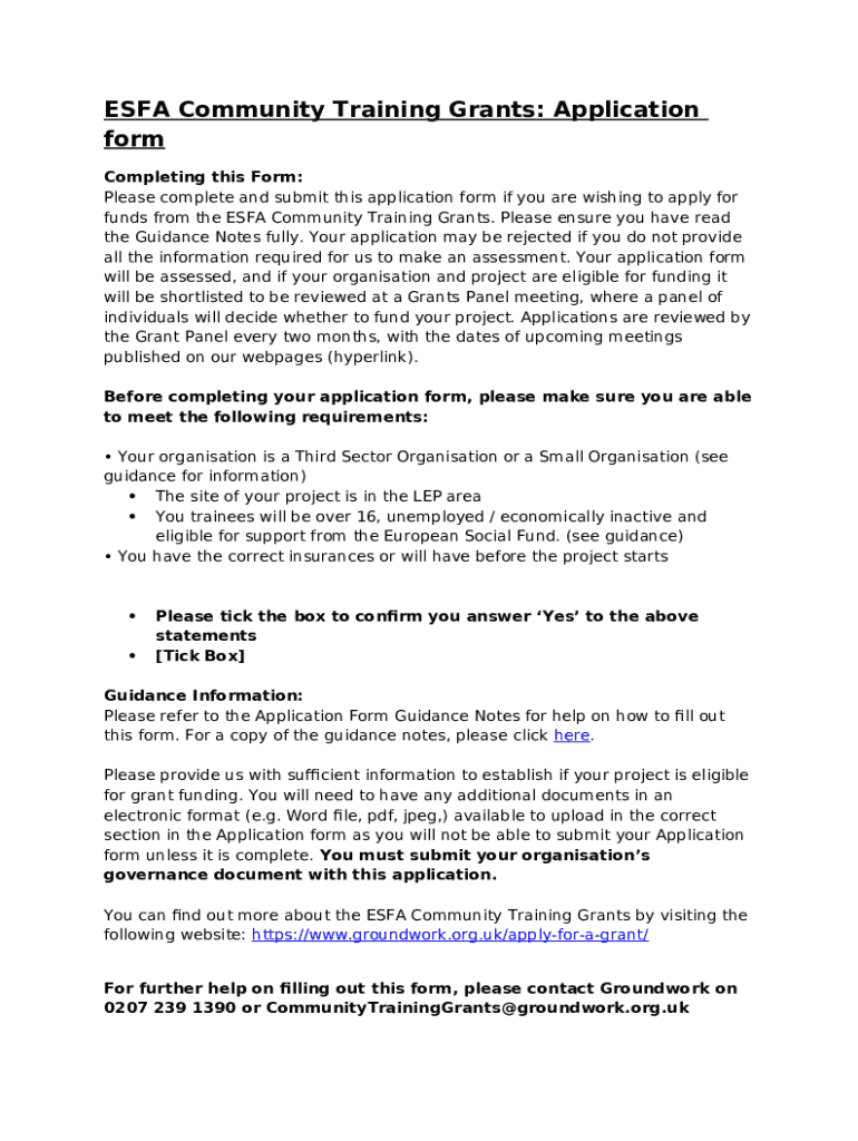 ESFA Community Training Grants: Application Doc Template | pdfFiller