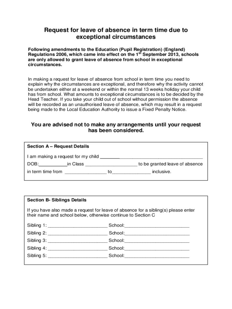 Fillable Online request for leave of absence during term time Fax Email ...