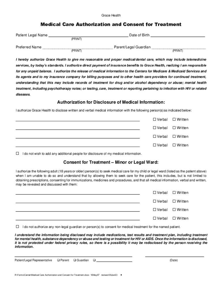 Fillable Online Medical Care Authorization and Consent for Treatment ...