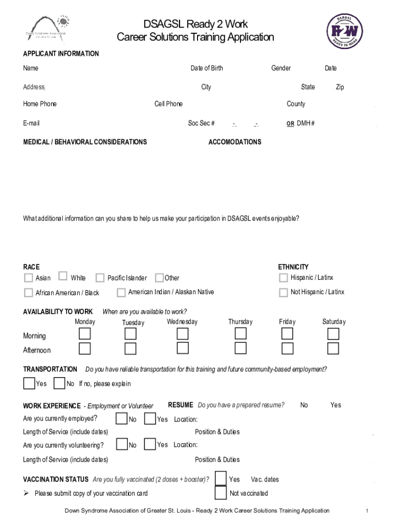 Fillable Online DSAGSL Ready 2 Work Career Solutions Training ...