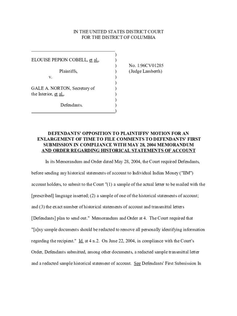 Fillable Online Defs' Opposition to Pltfs' Motion for an Enlargement of Time to File Comments to ...