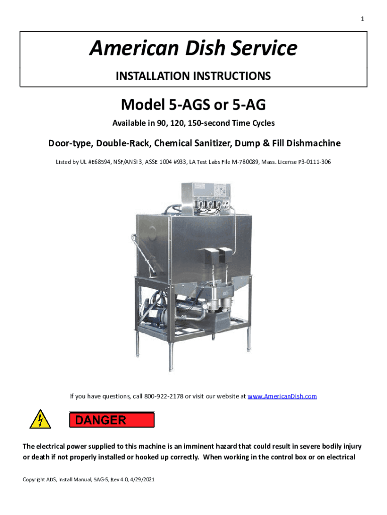 Fillable Online American Dish Service 5AG-S 74 Rack/Hr Double Rack Door ...