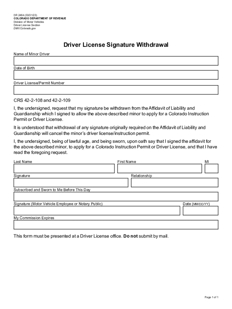 Fillable Online DR 2464 Driver License Signature Withdrawal. If you are ...
