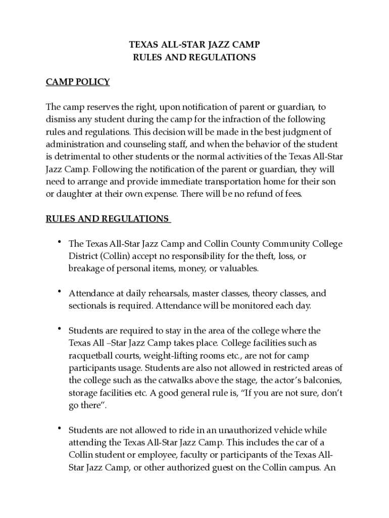 Fillable Online Texas All-Star Jazz Camp Rules and Regulations Fax Email Print - pdfFiller