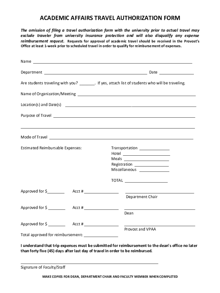 Fillable Online Academic Affairs Travel Authorization Form Fax Email ...