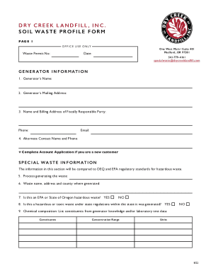 Fillable Online DRY CREEK LANDFILL, INC. SOIL WASTE PROFILE FORM Fax ...