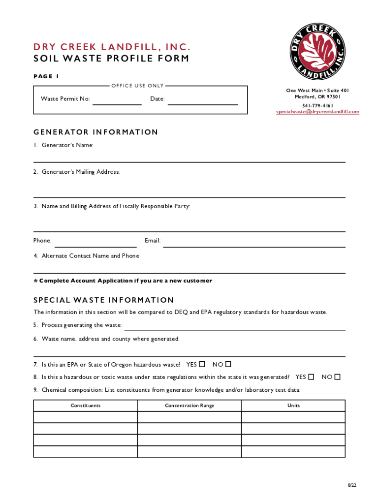 Fillable Online DRY CREEK LANDFILL, INC. SOIL WASTE PROFILE FORM Fax ...