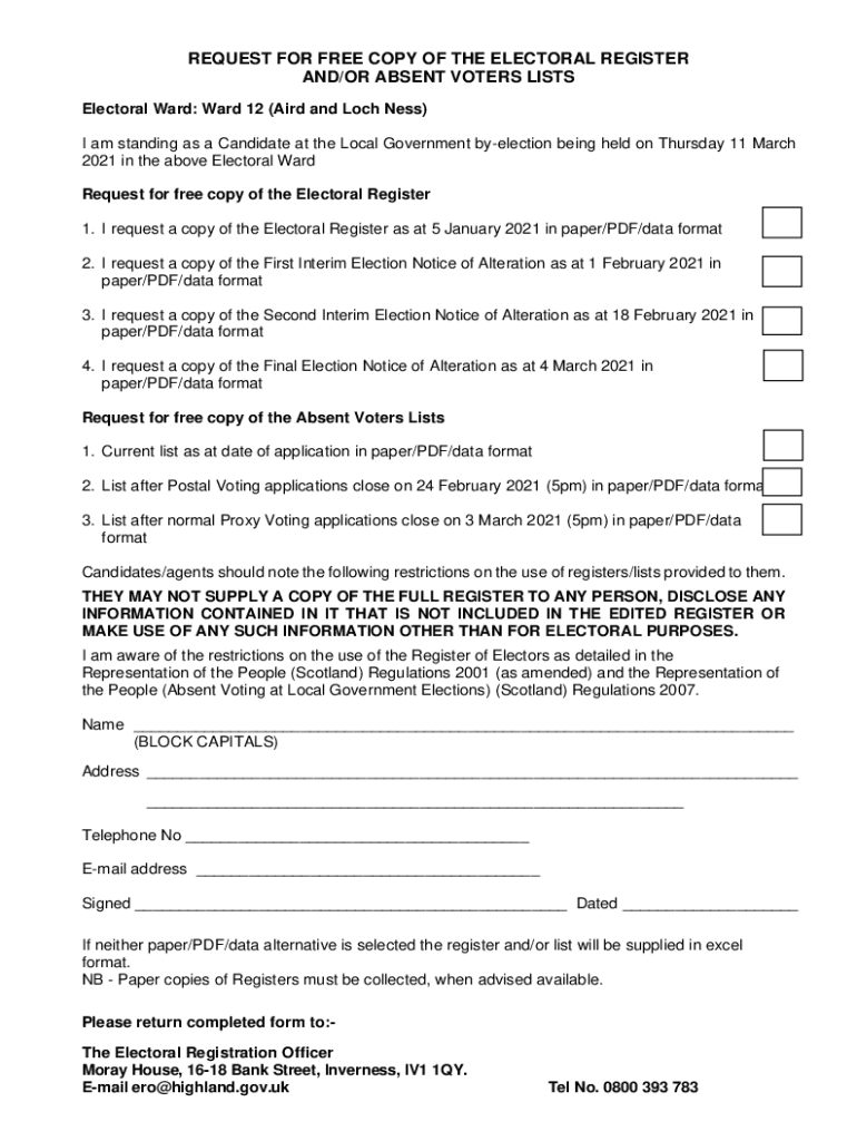 Fillable Online Request for free copy of the Electoral register and/or ... Fax Email Print ...
