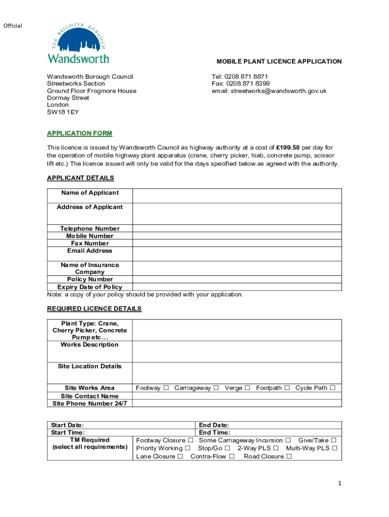Fillable Online Mobile plant application form - London Fax Email Print ...
