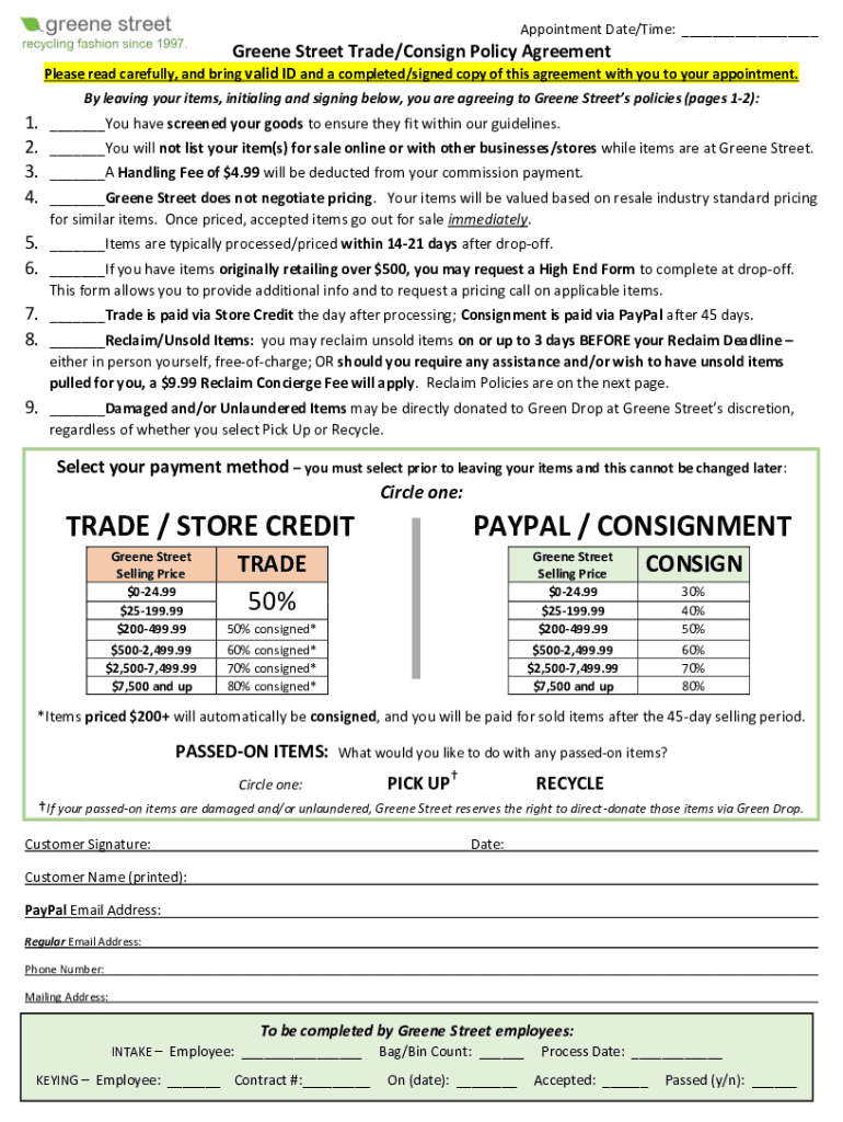 Fillable Online Greene Street Trade/Consign Policy Agreement Fax Email ...