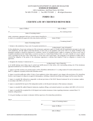 Fillable Online dlr sd FORM CR-1 CERTIFICATE OF CERTIFIED REINSURER Fax ...