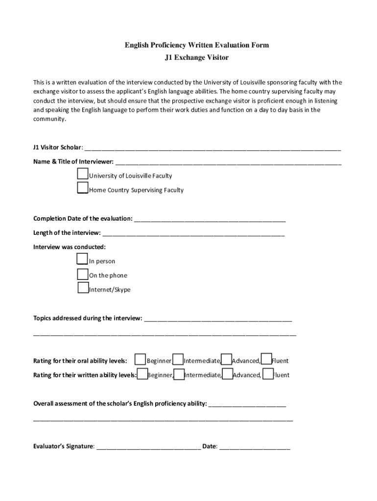 Fillable Online English Proficiency Written Evaluation Form J1 Exchange ...