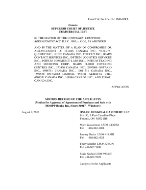 Fillable Online Court File No. CV-17-11846-00CL Ontario SUPERIOR COURT ...