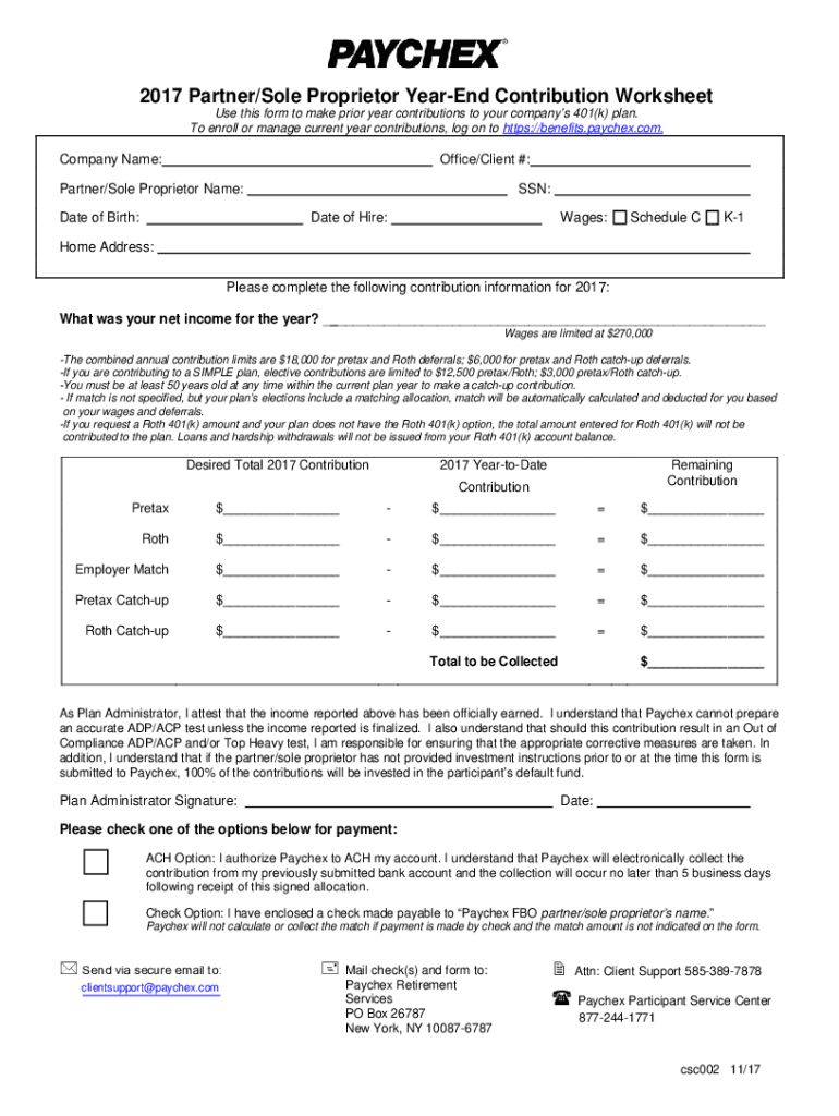 Fillable Online 2014 Partner/Sole Proprietor Year-end Contribution Form ...
