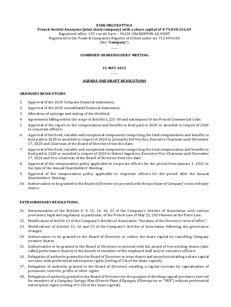 Fillable Online Shareholders' agreement Essilor-Delfin Fax Email Print - pdfFiller