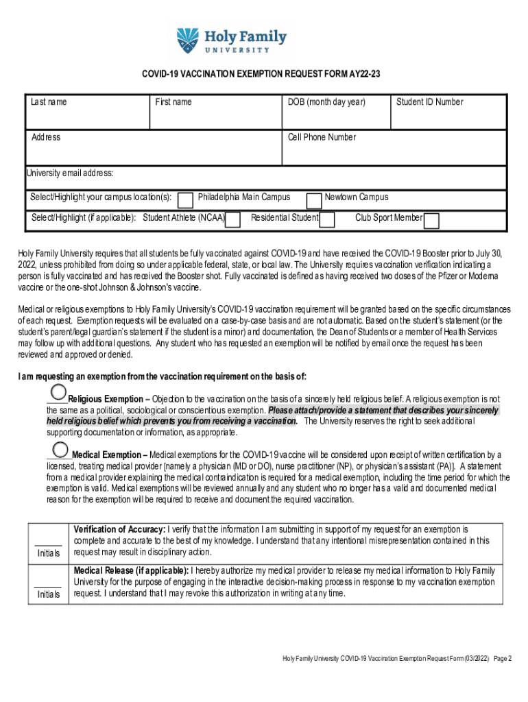 Fillable Online COVID-19 VACCINATION EXEMPTION REQUEST AY22-23 ... Fax ...