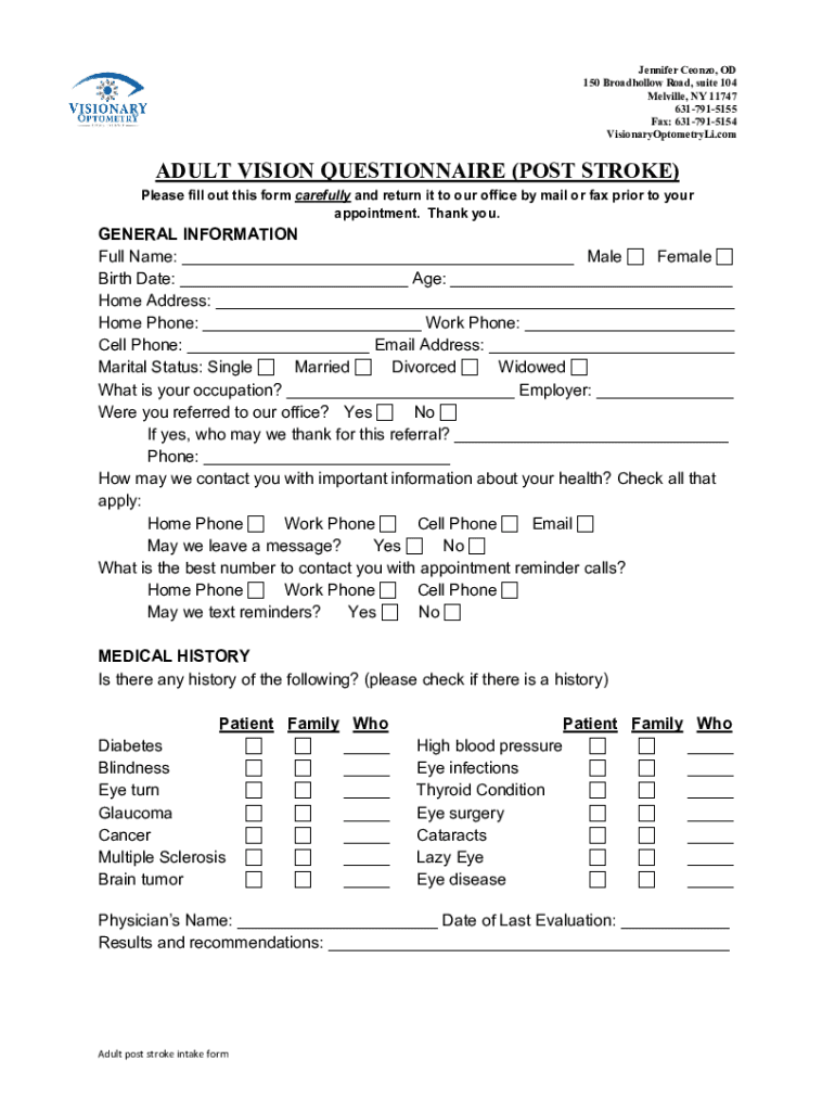 Fillable Online ADULT VISION QUESTIONNAIRE (POST STROKE) Fax Email ...