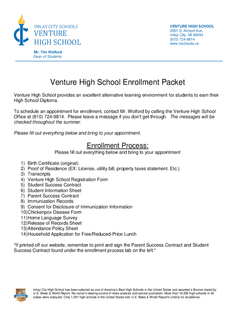 Fillable Online VENTURE HIGH SCHOOL Venture High School Enrollment ...