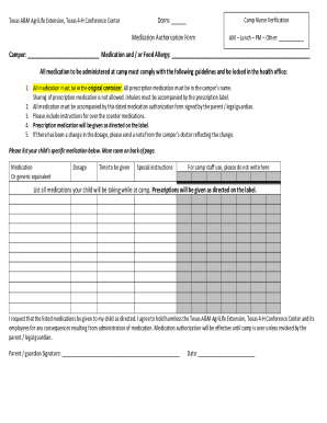 Fillable Online d74-h tamu Dorm:Medication Authorization Form Camper ...