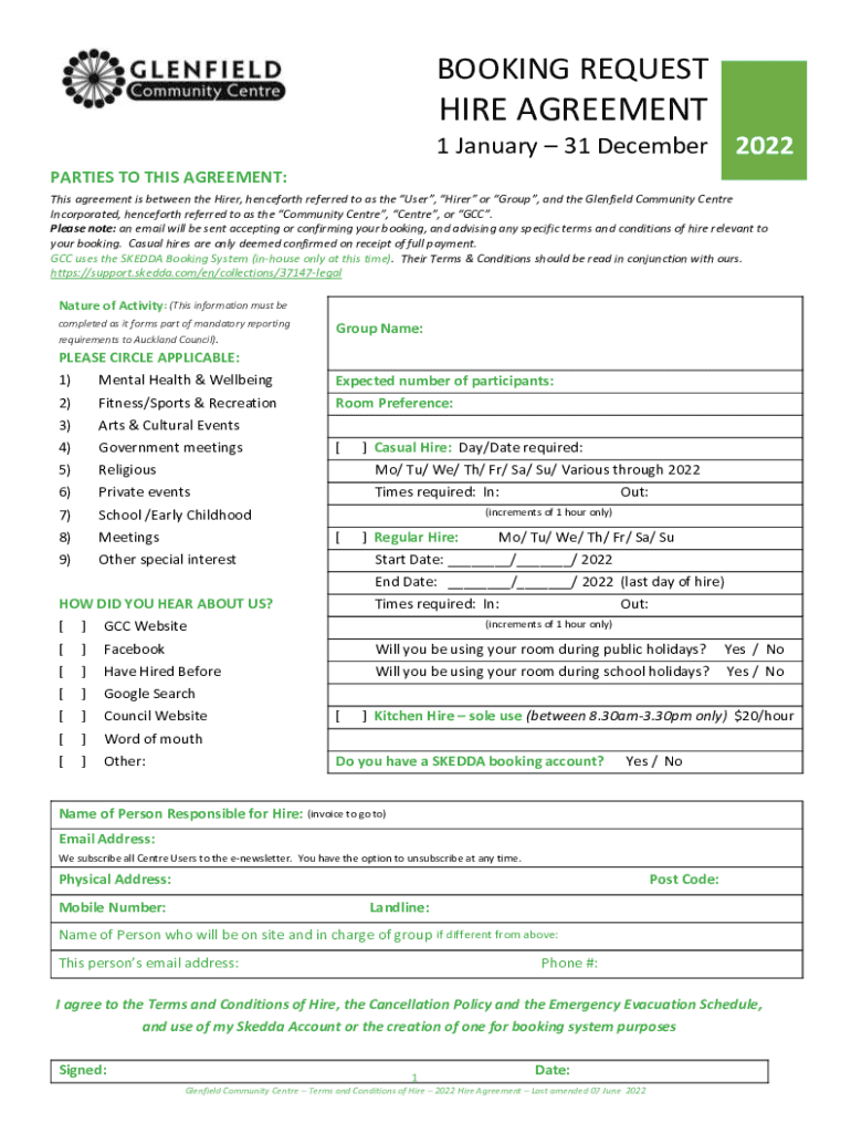 Fillable Online BOOKING REQUEST - HIRE AGREEMENT Fax Email Print - pdfFiller