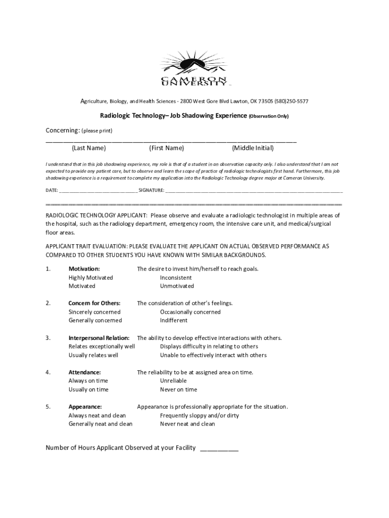 Fillable Online Radiologic Technology Job Shadowing Experience ...