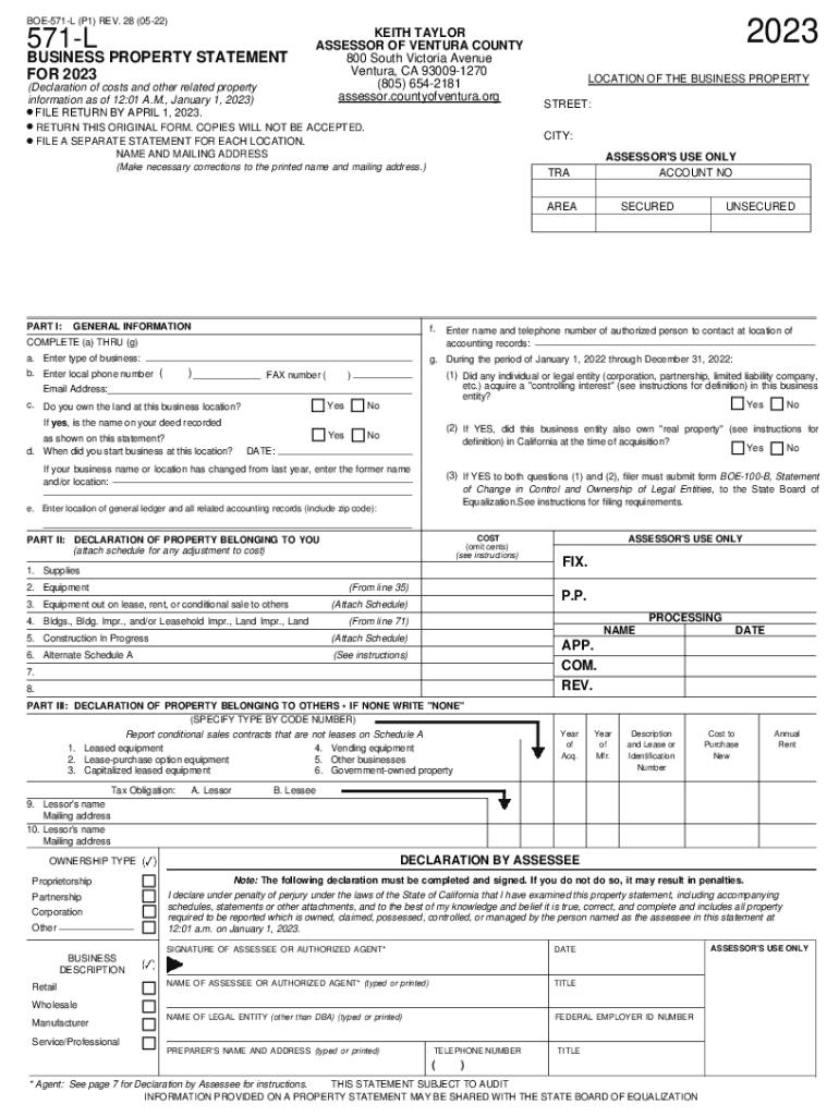 Fillable Online assessor countyofventura BUSINESS PROPERTY STATEMENT ...