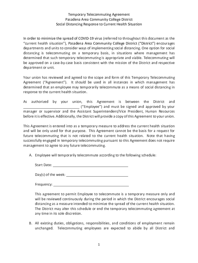 Fillable Online Temporary Telecommuting Agreement Pasadena Area ... Fax ...