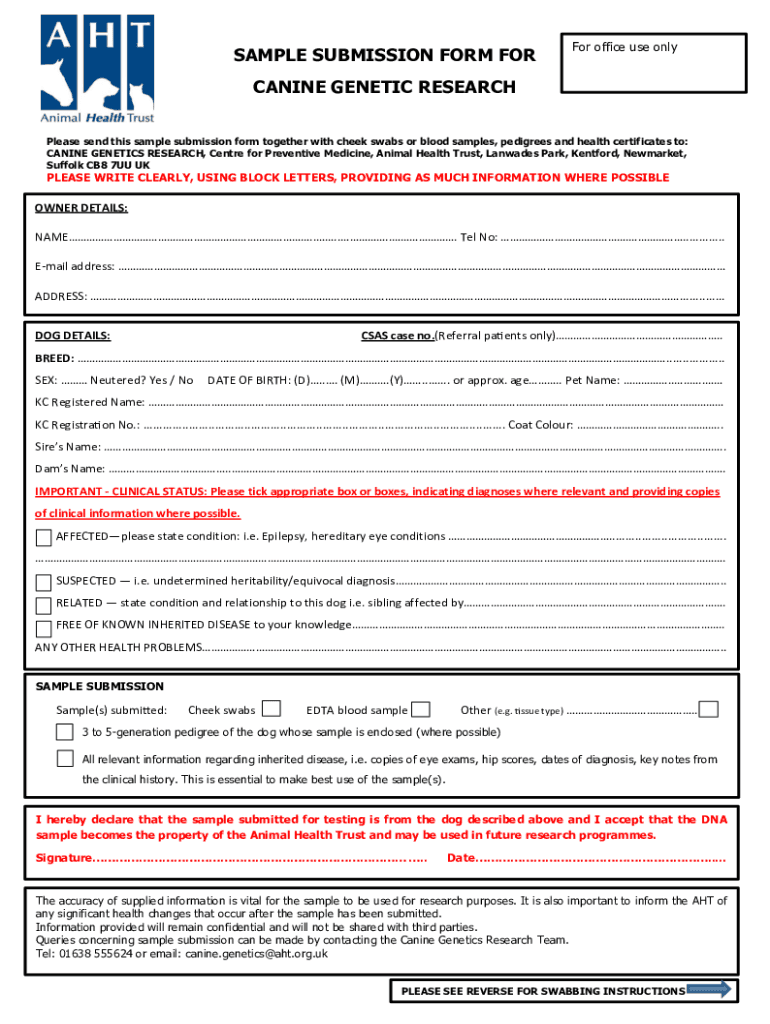 Fillable Online SAMPLE SUBMISSION FORM FOR CANINE GENETIC RESEARCH Fax ...