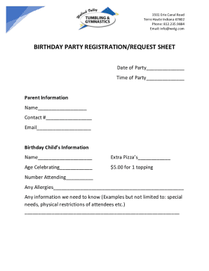 Fillable Online BIRTHDAY PARTY REGISTRATION/REQUEST SHEET Fax Email ...