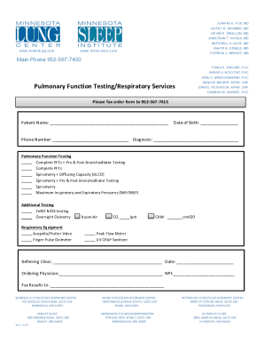 Fillable Online Pulmonary Function Testing-Respiratory Services Order ...