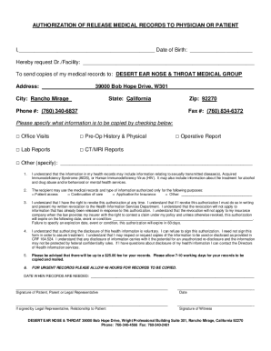 Fillable Online AUTHORIZATION OF RELEASE MEDICAL RECORDS TO ... Fax ...