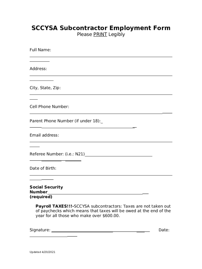 SCCYSA Subcontractor Employment - cloudfront.net Doc Template | pdfFiller