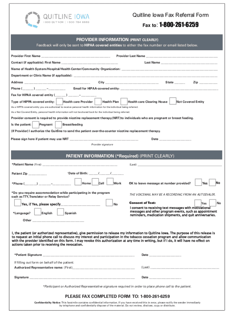 Fillable Online Quitline Iowa Fax Referral Form - Fax to: 1-800-261 ...
