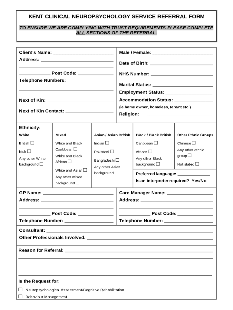 KENT CLINICAL NEUROPSYCHOLOGY SERVICE REFERRAL Doc Template | pdfFiller
