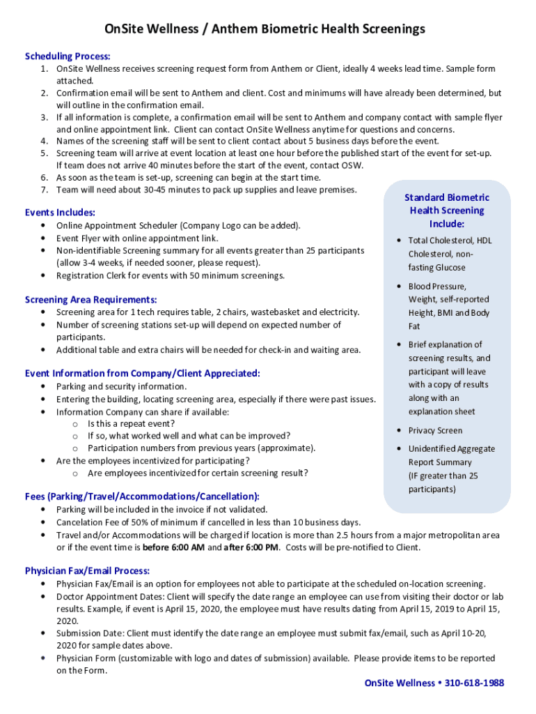 Fillable Online OnSite Wellness / Anthem Biometric Health Screenings ...