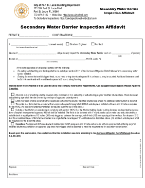 Fillable Online Secondary Water Barrier Inspection Affidavit - Building ...