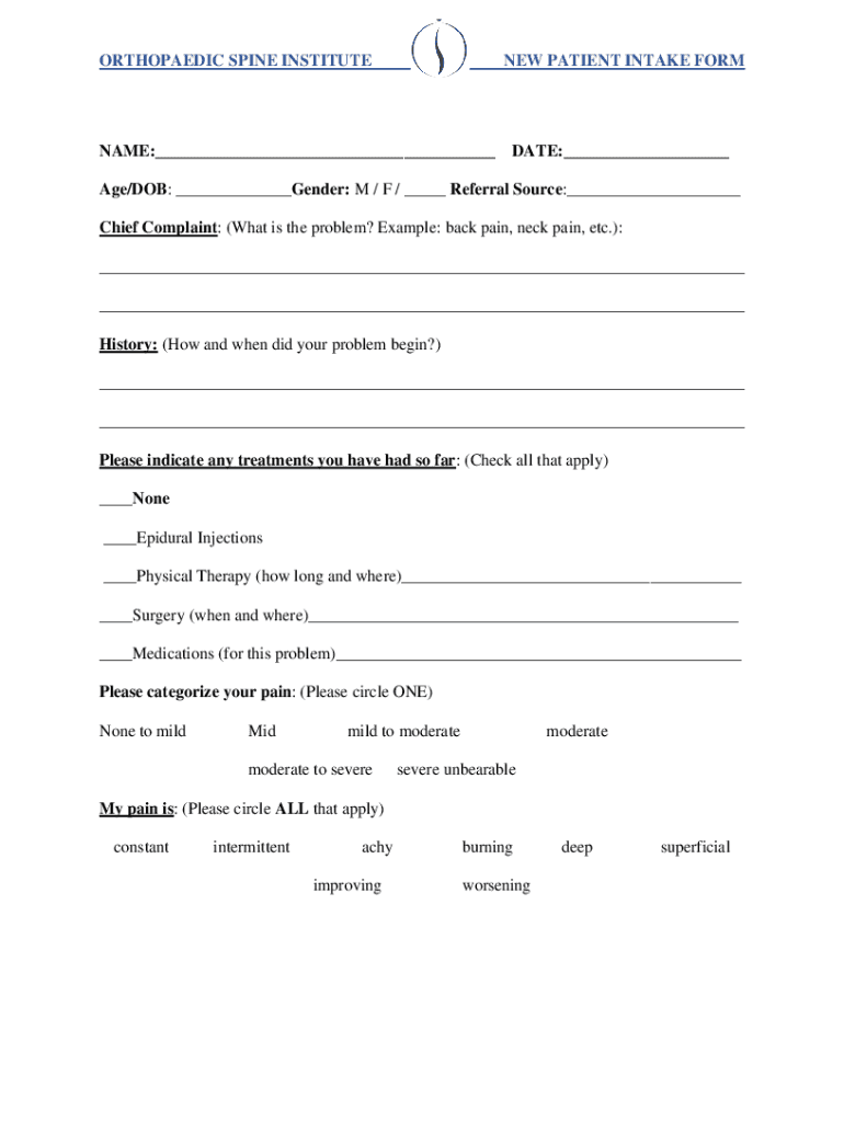 Fillable Online orthopaedic spine institute new patient intake form Fax ...