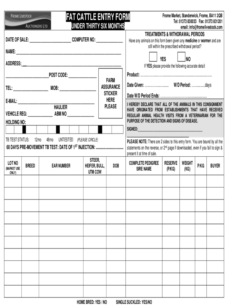 Fillable Online FAT CATTLE ENTRY FORM Fax Email Print - pdfFiller