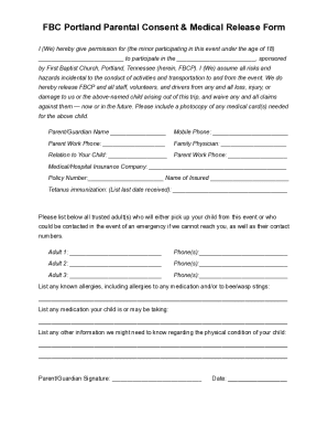 Fillable Online FBC Portland Parental Consent & Medical Release Form Fax Email Print - pdfFiller