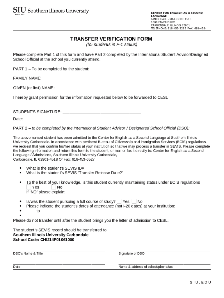 F-1 Student Transfer Verification - Milton - cesl siu Doc Template | pdfFiller