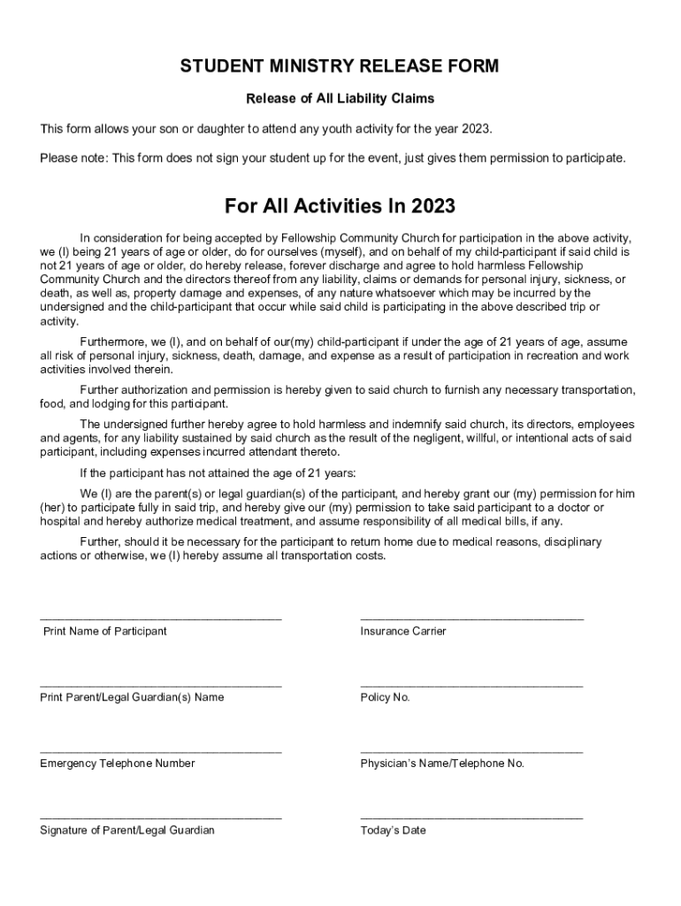 Fillable Online student ministry release form Fax Email Print - pdfFiller