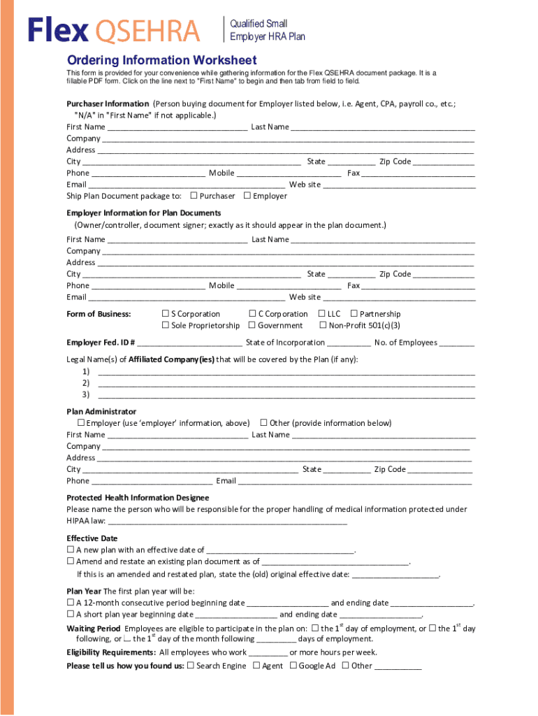 Fillable Online Worksheet. Brochure and forms to help you set up aQualfied Small Employer HRA ...