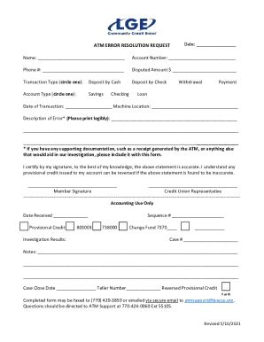 Fillable Online ATM Error Resolution Request. ATM Error Resolution ...