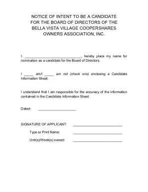 Fillable Online NOTICE OF INTENT TO BE A CANDIDATE FOR THE ... Fax Email Print - pdfFiller